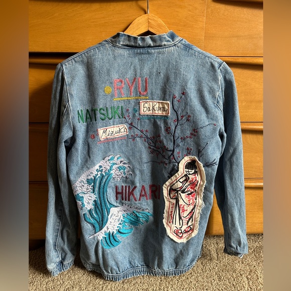 Zara | Jackets & Coats | Zara Blue Jean Jacket With Japanese Embroidery ...